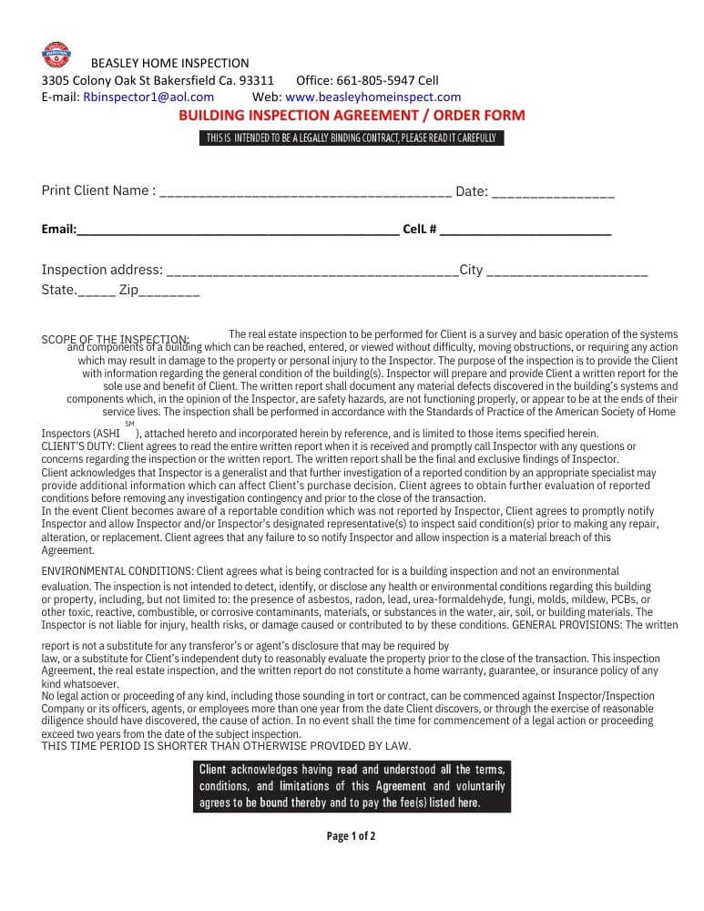 Pre-Inspection Agreement - Beasley Home Inspection